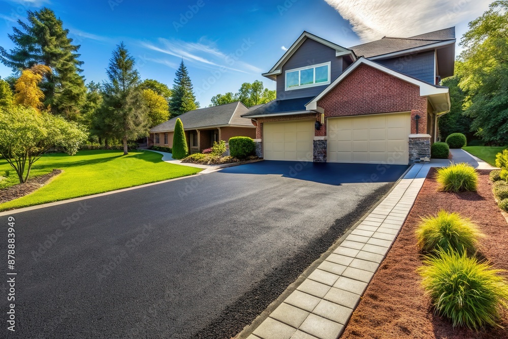 A newly constructed driveway with fresh asphalt and neat edges ...