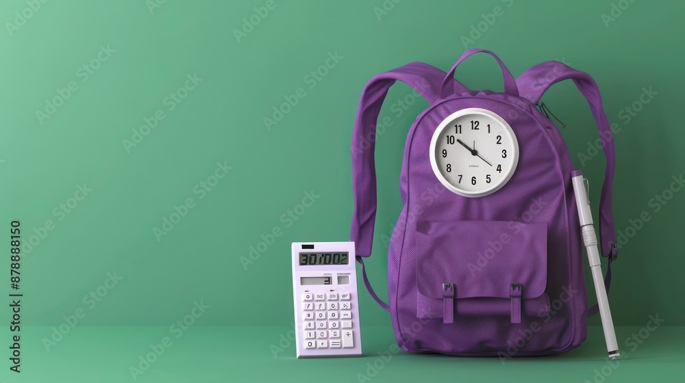 Purple backpack featuring a white alarm clock and a scientific ...