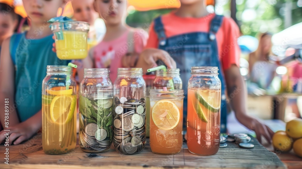 Children selling lemonade with a jar full of coins and bills on their ...