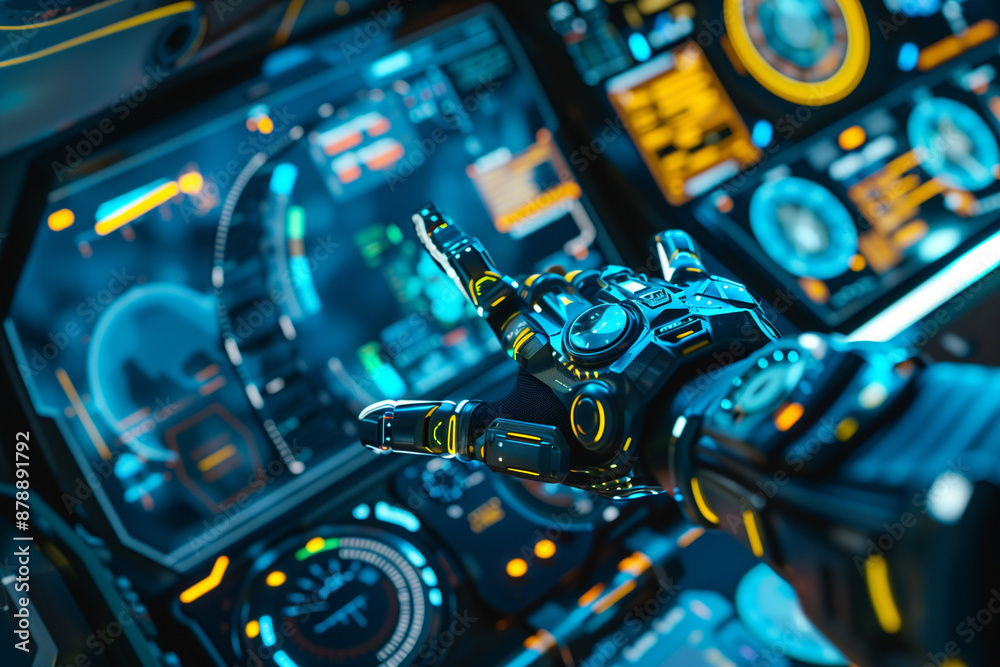 Robot hand on submarine control panel with high technology gauges ...
