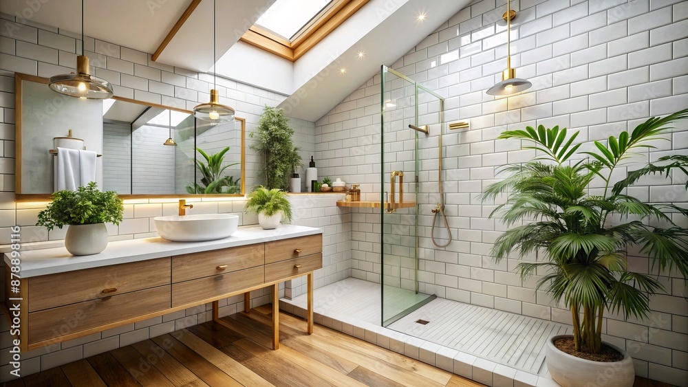 Elegant modern bathroom features white tiled shower, gold brass tap ...