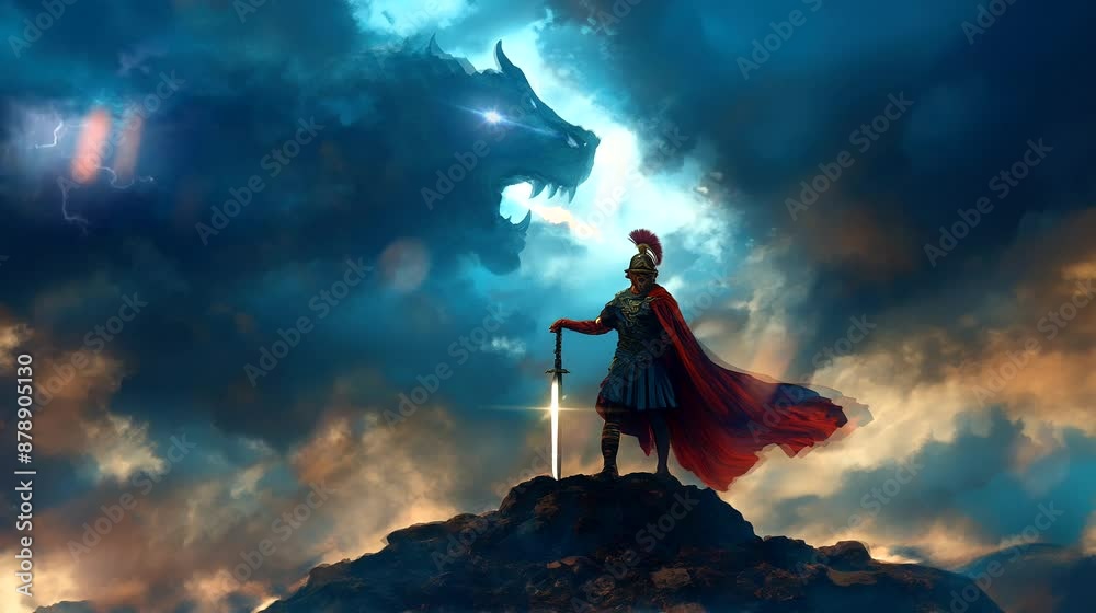 Spartan warrior with sword atop hill on monster background. Seamless ...