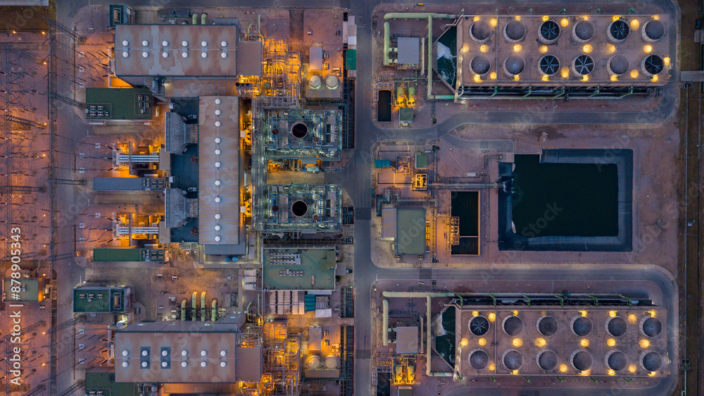 Aerial view power plant station thermal power plant at night, High ...