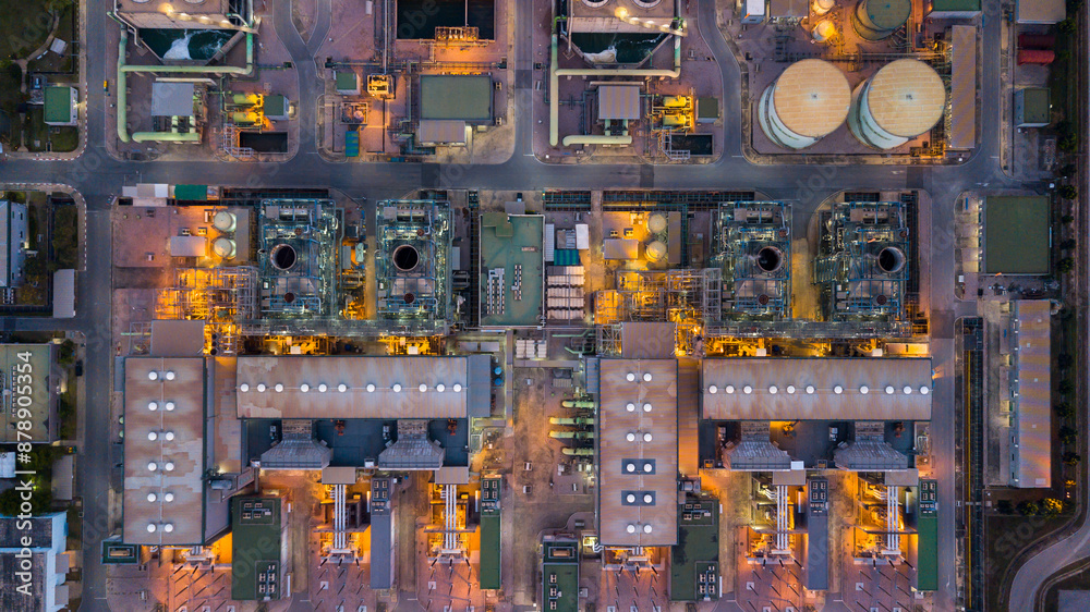 Aerial view power plant station thermal power plant at night, High ...