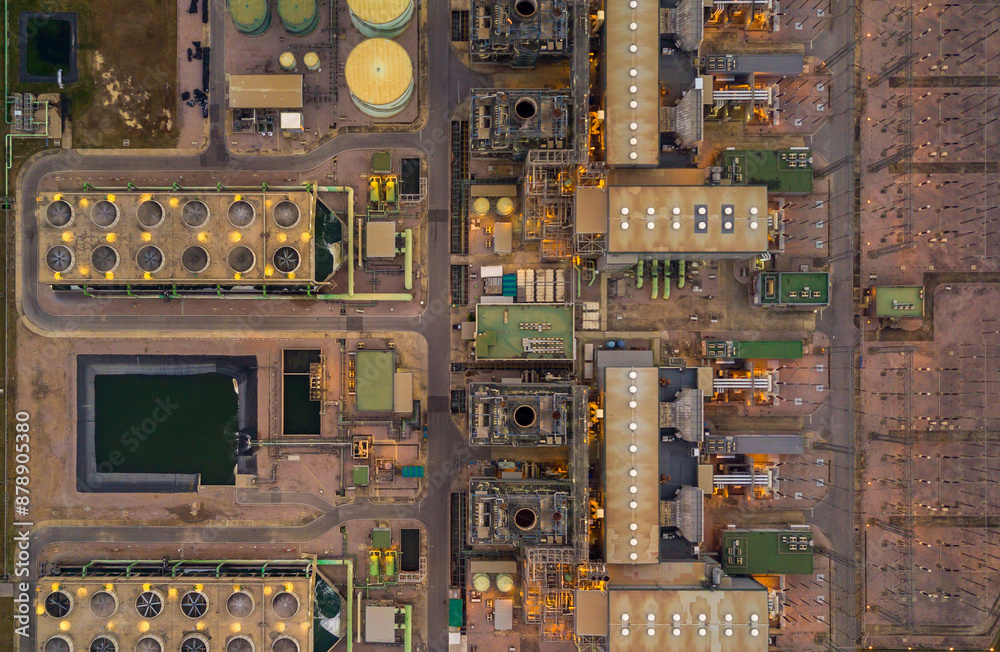 Aerial view power plant station thermal power plant at night, High ...