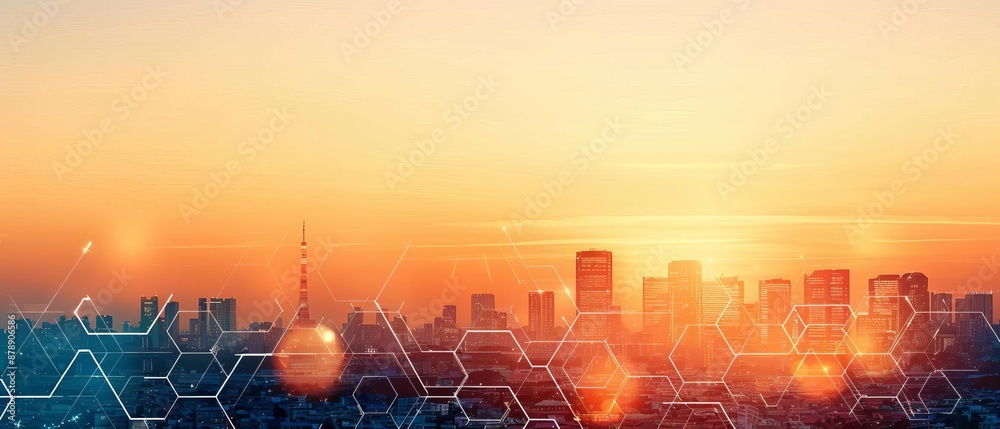 Modern city skyline at sunset with hexagonal patterns overlaying the ...