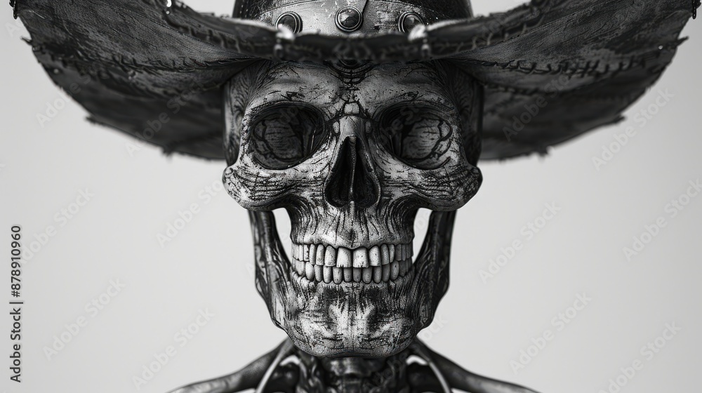 High contrast grayscale illustration of a detailed skeleton with a ...