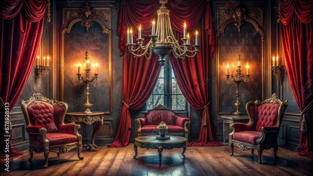 Darkly ornate Victorian-style parlor with crimson velvet drapes ...