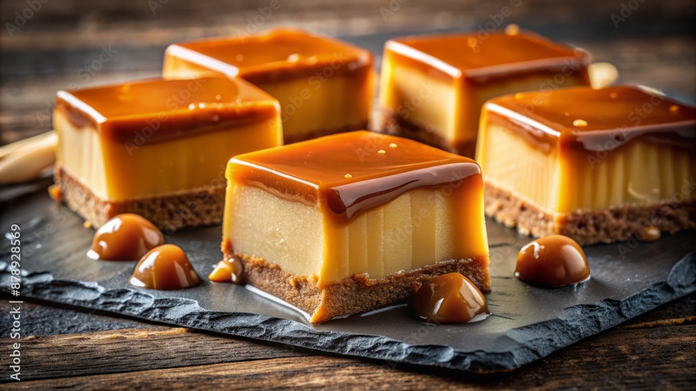 Rich, velvety, golden melted caramel oozes onto a rough, stone-textured ...
