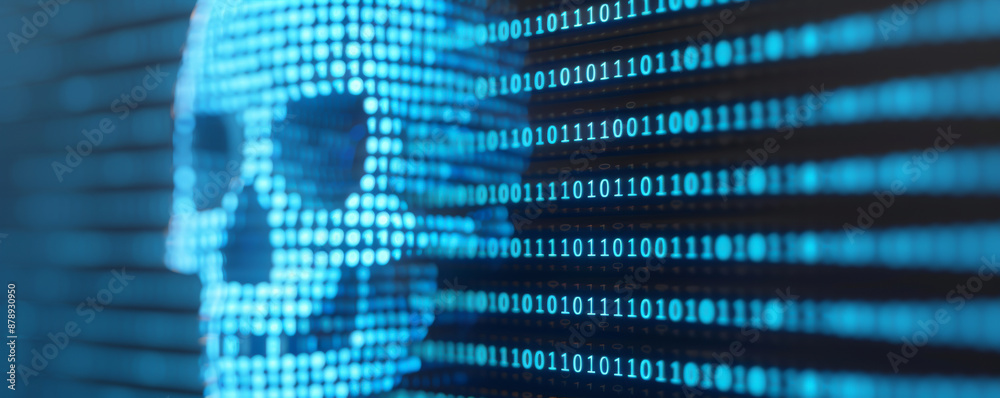 Cybersecurity threat represented with a digital skull made of binary ...