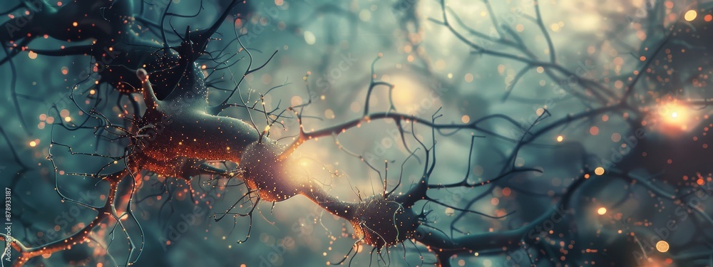 closeup of neuron synapses in human brain. texture wide banner ...