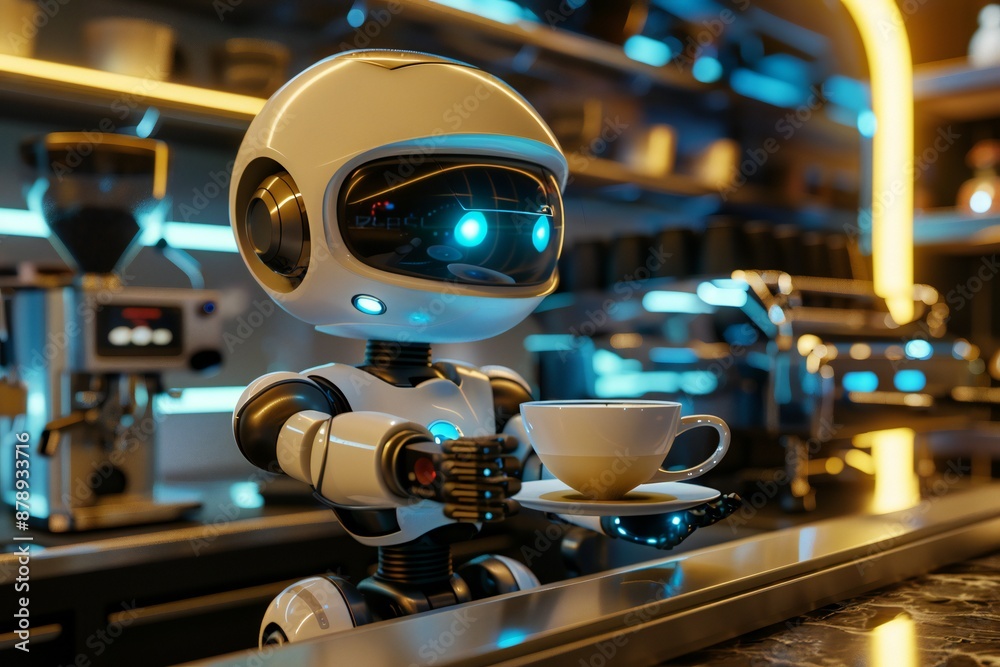 Robot barista making coffee in a futuristic cafe in 3D render cartoon ...