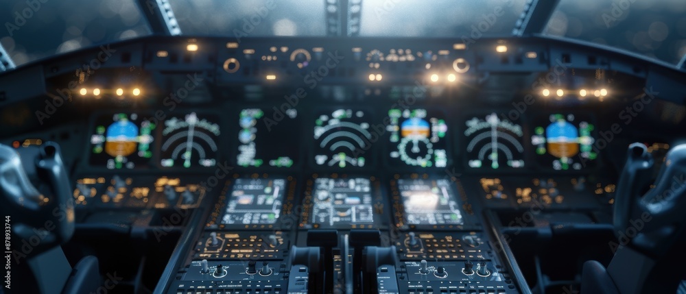 Detailed view of an aircraft cockpit with illuminated control panels ...