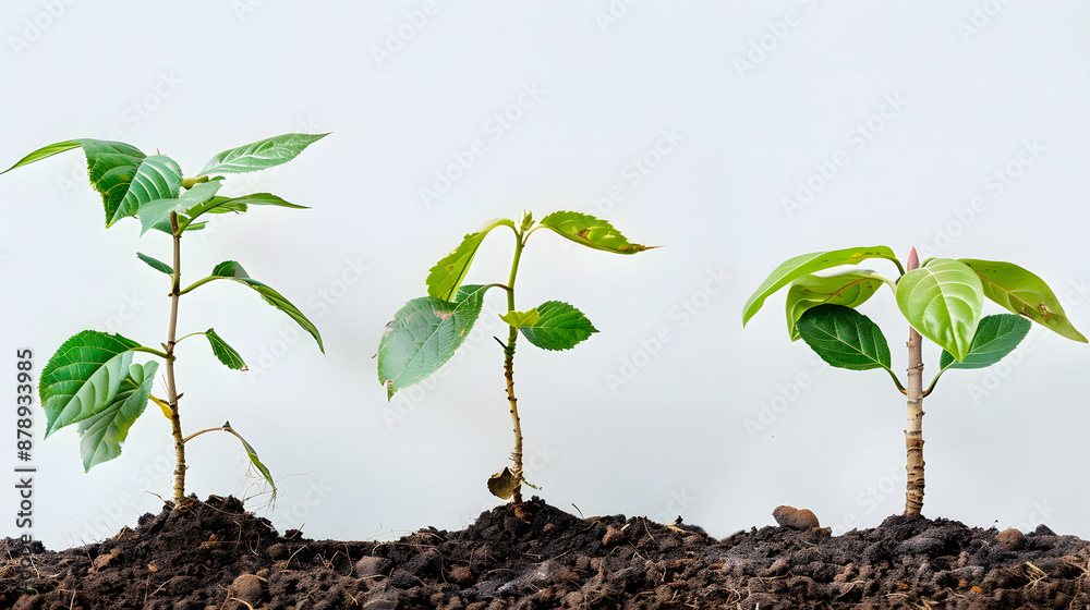 Three stages of tree growth side by side: a sapling, a young tree, and ...