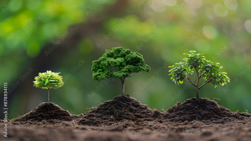 Three stages of tree growth side by side: a sapling, a young tree, and ...