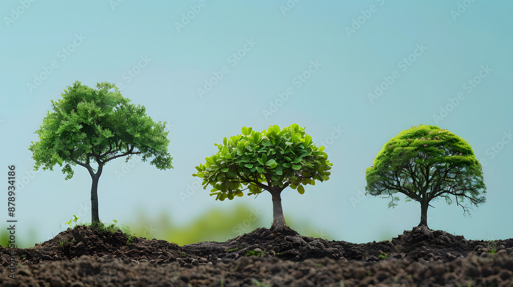 Three stages of tree growth side by side: a sapling, a young tree, and ...