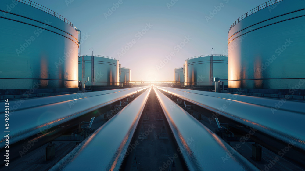 Industrial oil storage tanks with pipelines at sunset, representing the ...