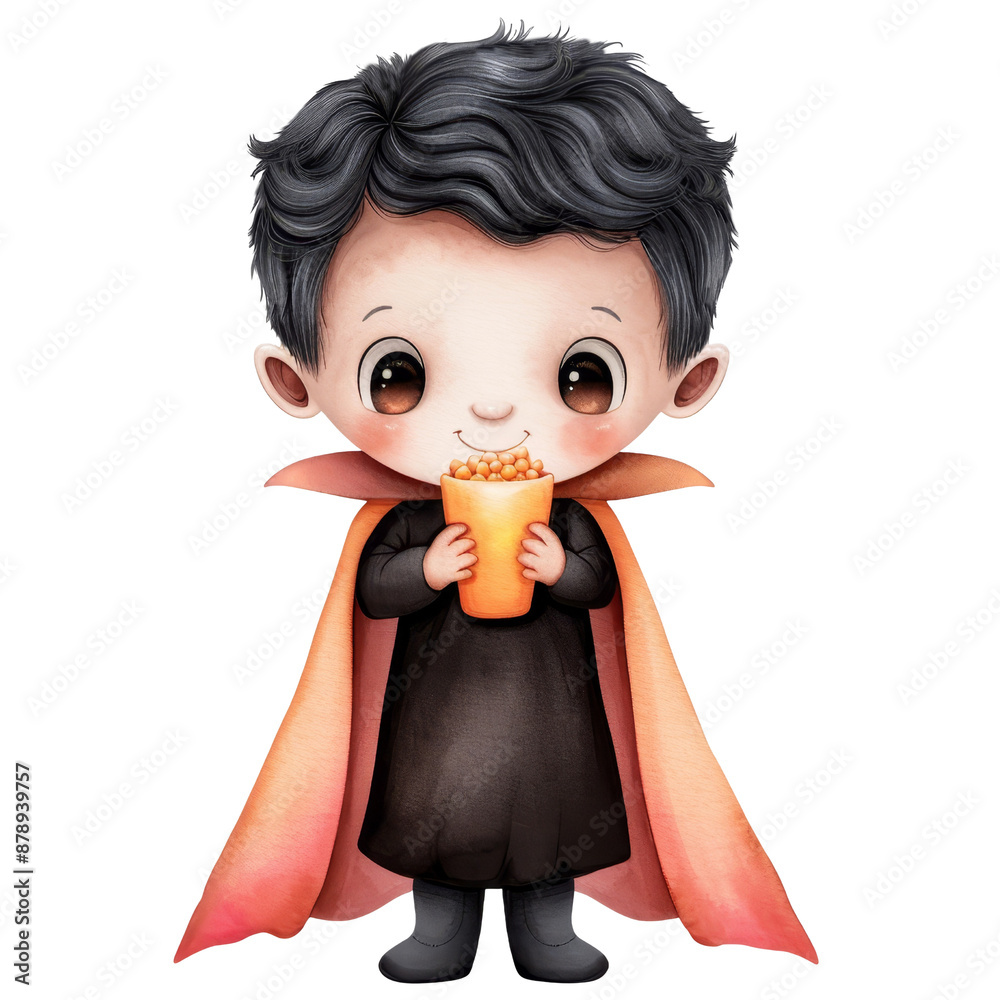 Cute little boy dressed as vampire holding orange candy with red cape ...