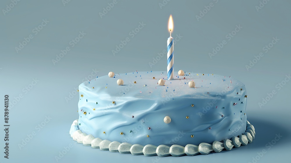 Minimalistic blue birthday cake with a single candle, 3D rendered on a ...