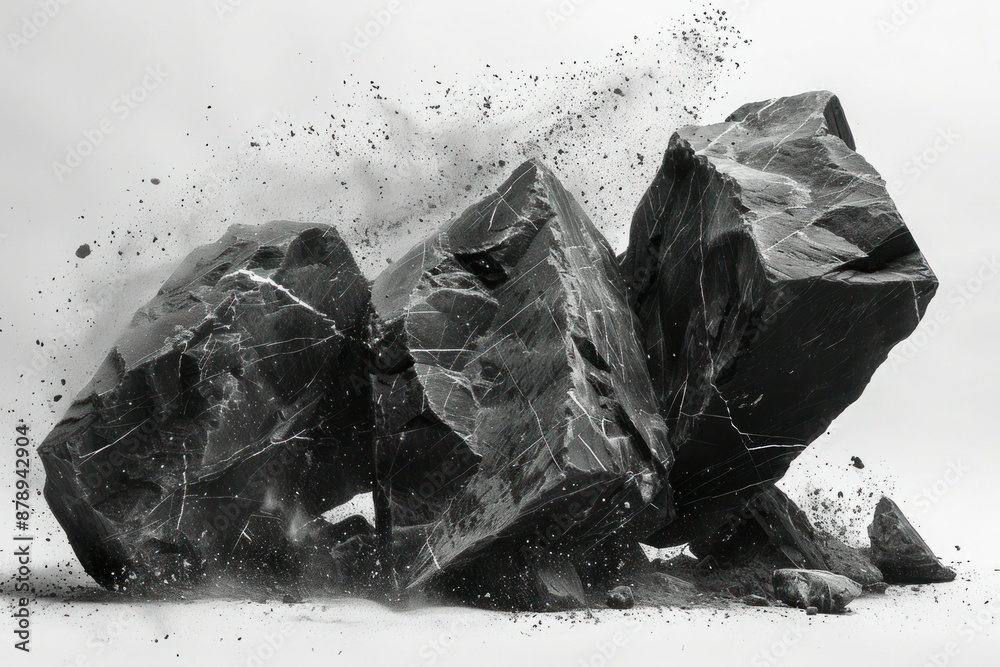 Abstract Rock Explosion on White Background with Falling Dust and ...