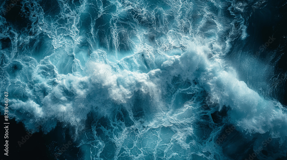 drone view of turquoise ocean waves with white foam and dark blue water ...