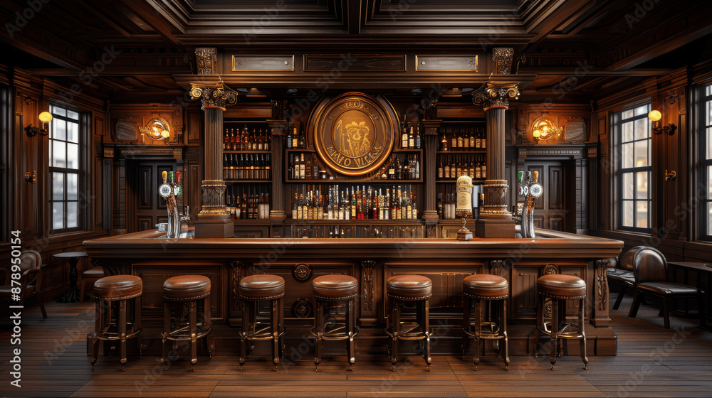 Old-Fashioned Pub with Wooden Counter and Leather Stools, Classic ...