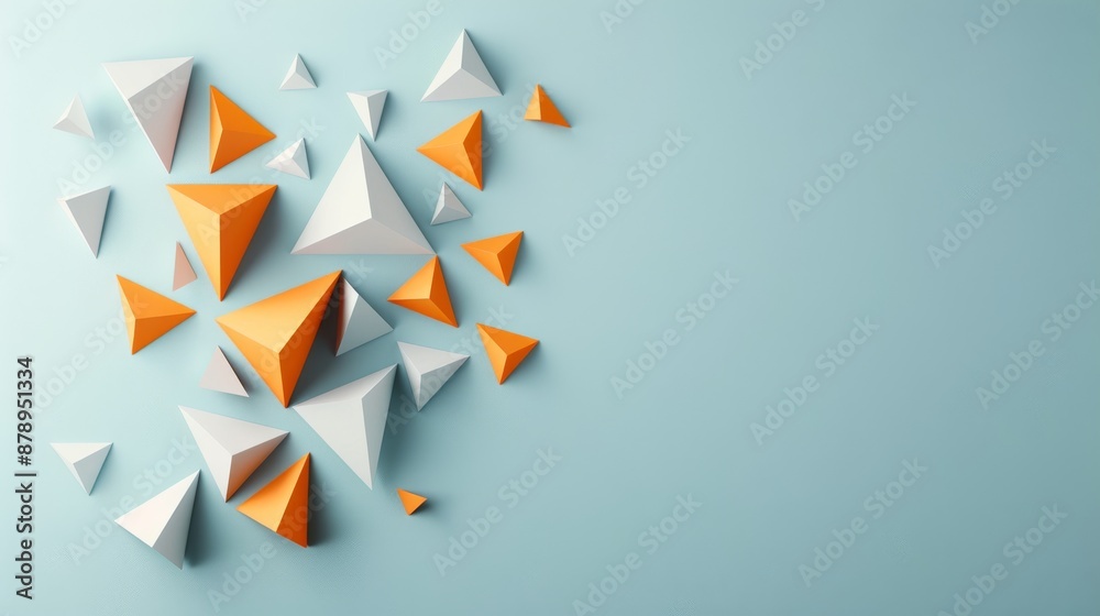 Abstract 3D geometric pyramids in orange and white on a light blue ...