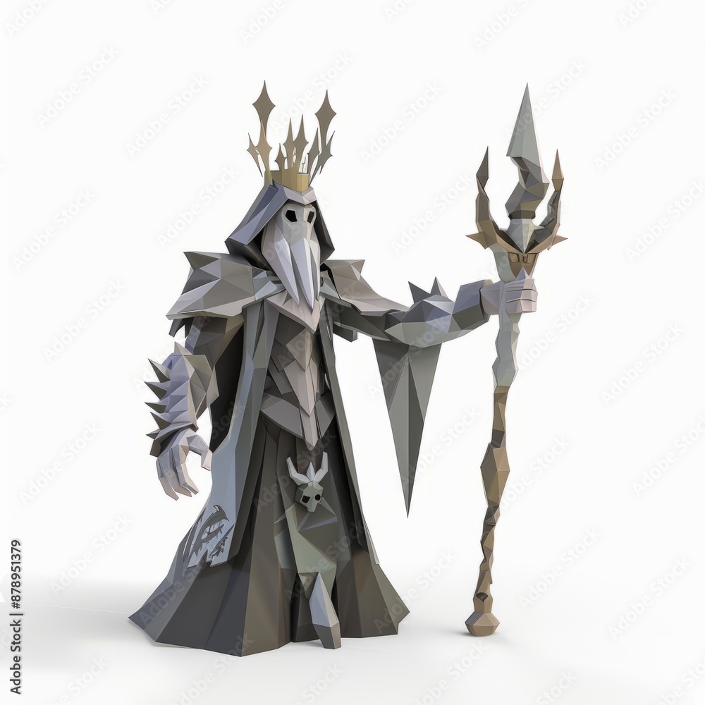 3D Render, Low Poly style of a lich king with a staff and a crown, on ...