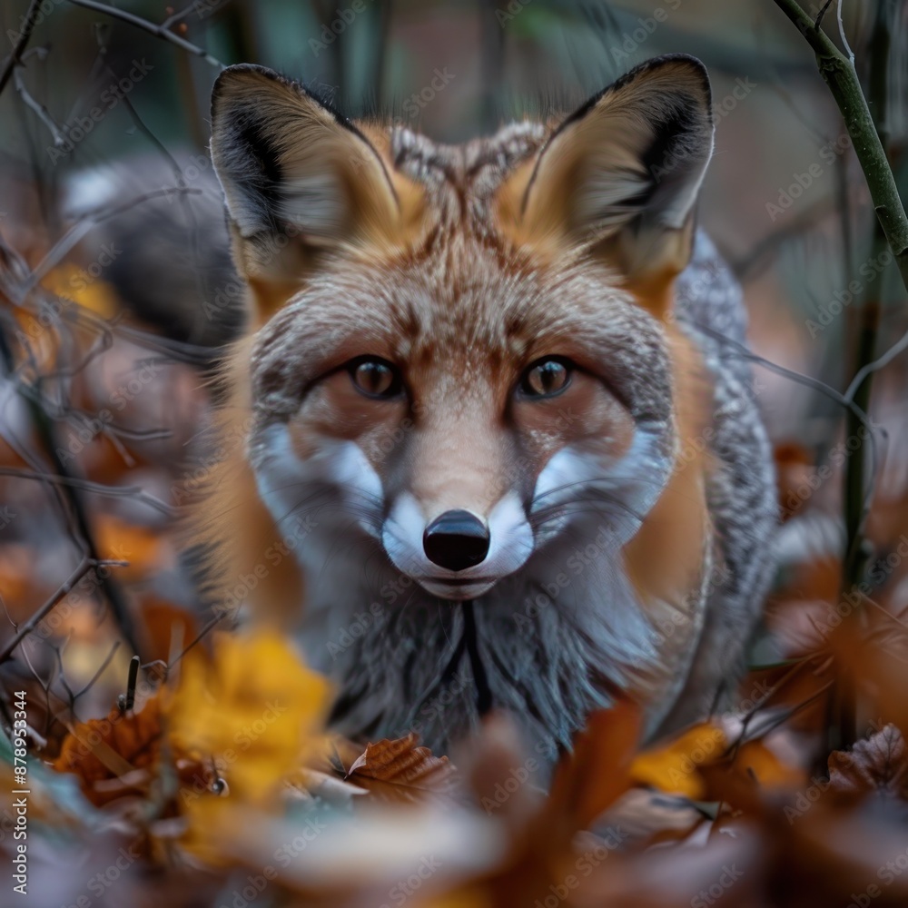 A sneaky fox prowling through the forest, its eyes gleaming in the ...