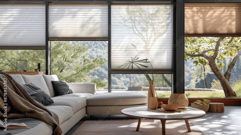 Modern interior window with energy-efficient cellular shades, featuring ...