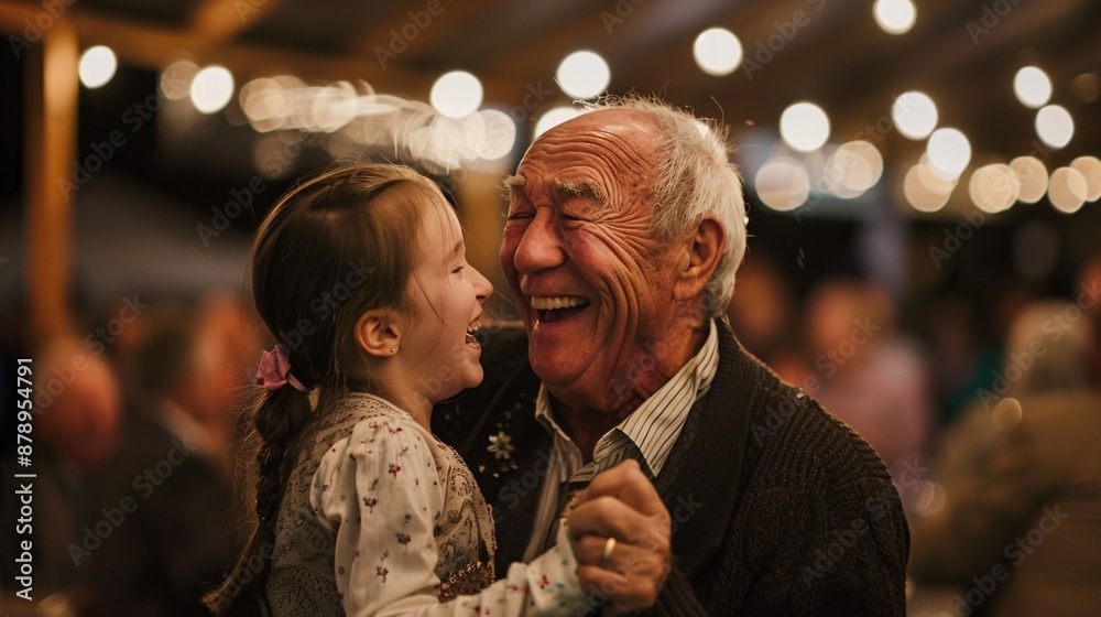 A highly detailed photograph of a grandfather laughing while sharing a ...