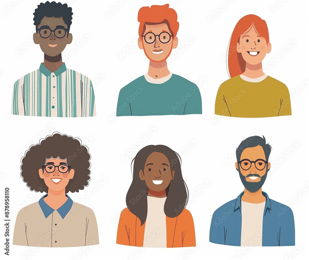 Colorful Cartoon Portraits of Diverse People with Glasses for Avatars ...