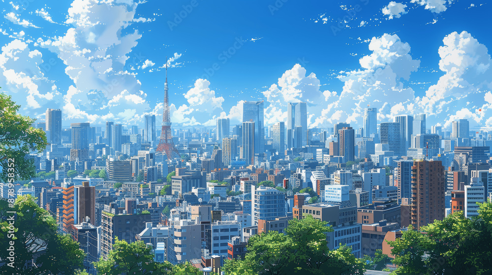 anime tokyo skyline background daytime blue sky buildings high ...