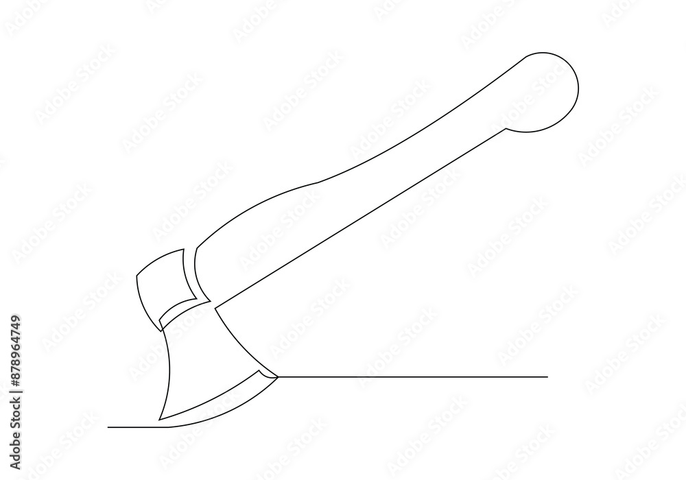 Continuous single one line sketch drawing Hatchet in a tree stump. A ...