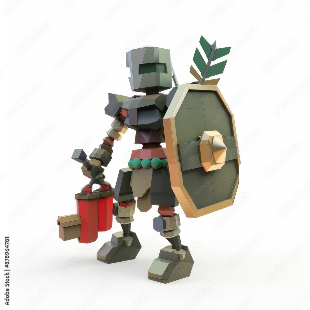3D Render, Low Poly style of a medieval robot squire carrying a shield ...