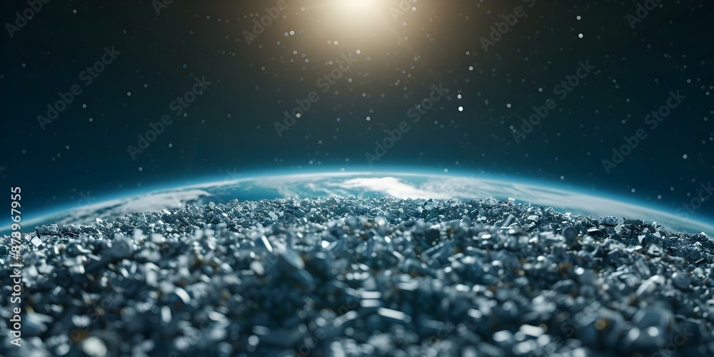 Earths environmental crisis symbolized by endless cosmic garbage and space pollution. Concept ...