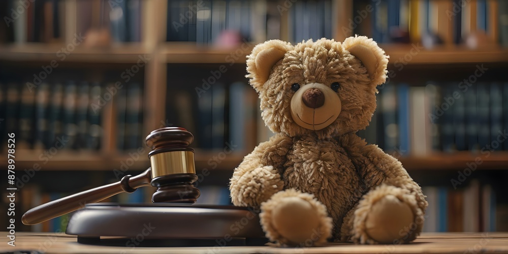 Teddy bear judge with gavel on table in front of bookcase. Concept ...