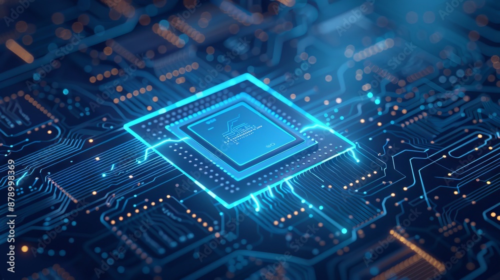 Glowing light blue neon AI chip with thin circuit contact lines. AI ...