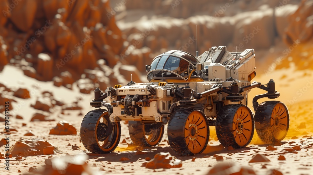 Advanced Rover on Rocky Planet Surface. High-tech rover traversing the ...