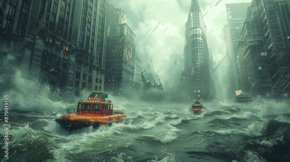 Storm Surge in Urban Cityscape. Powerful storm surge flooding an urban ...