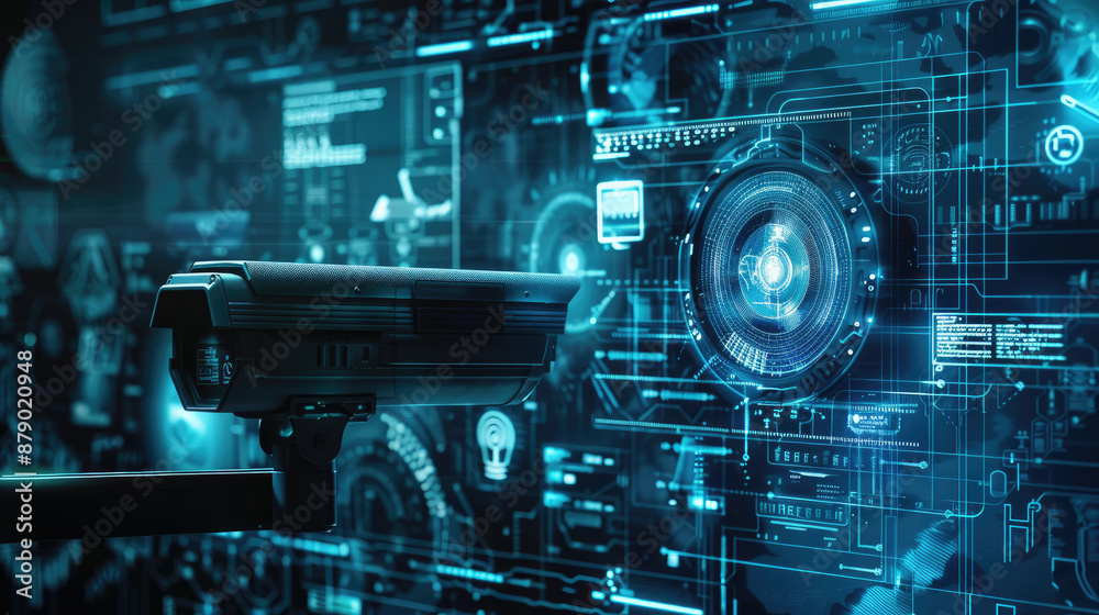 wide banner of security CCTV cameras and guard monitoring screen hud UI ...