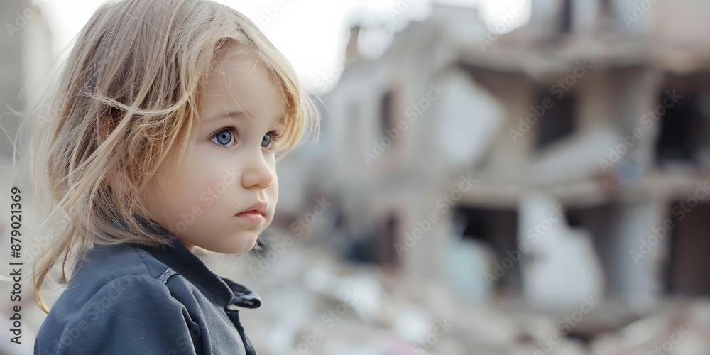 Child looks sadly at bombed house in wartorn city reflecting conflicts ...