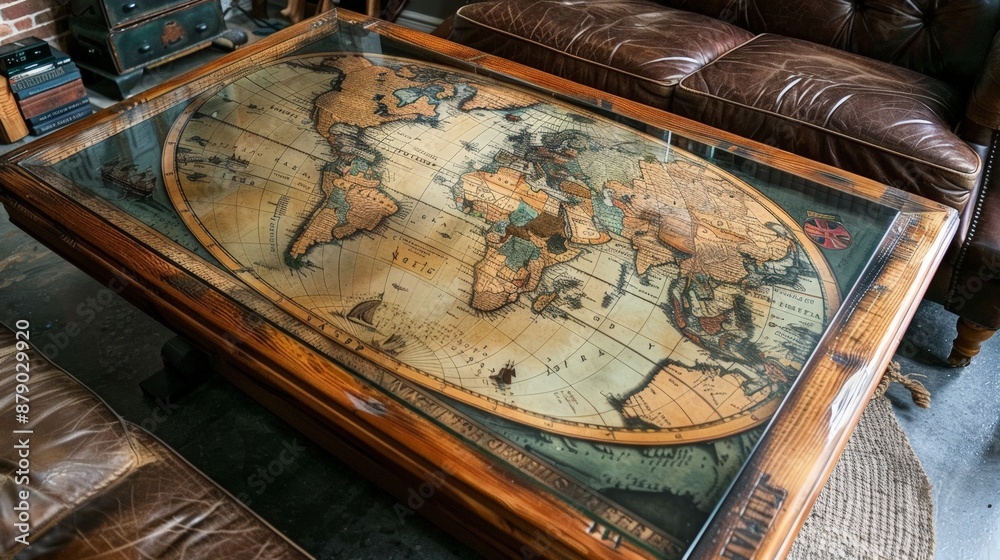 A world map coffee table, with a glass top overlaying a detailed map ...
