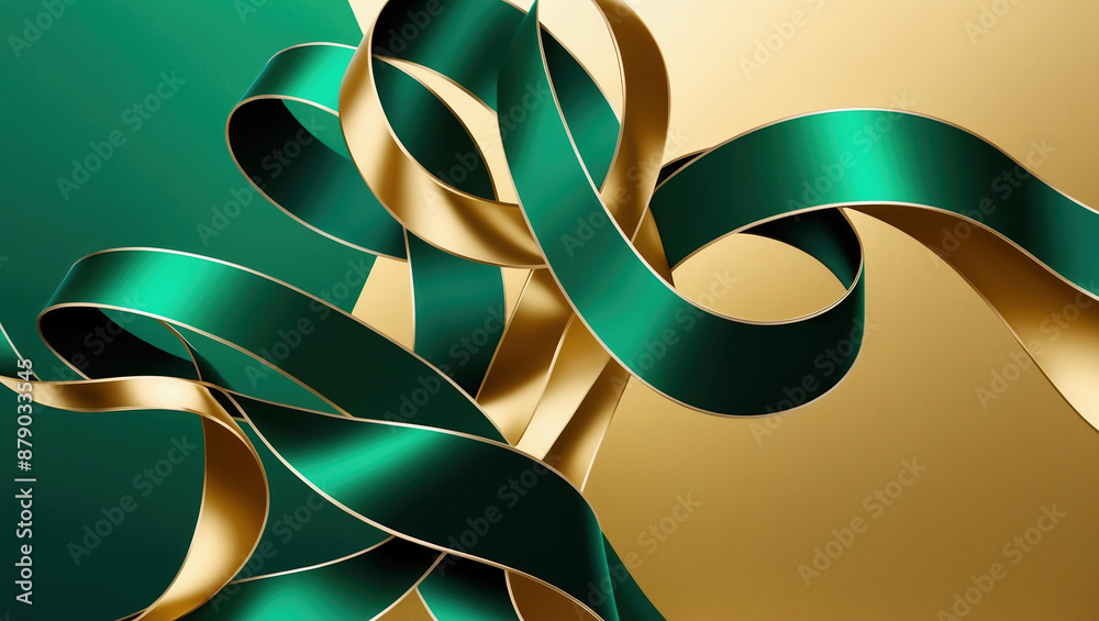 Intertwined green and gold ribbons creating a flowing, abstract design ...