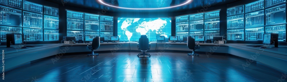 Futuristic control room with multiple monitors displaying data and ...