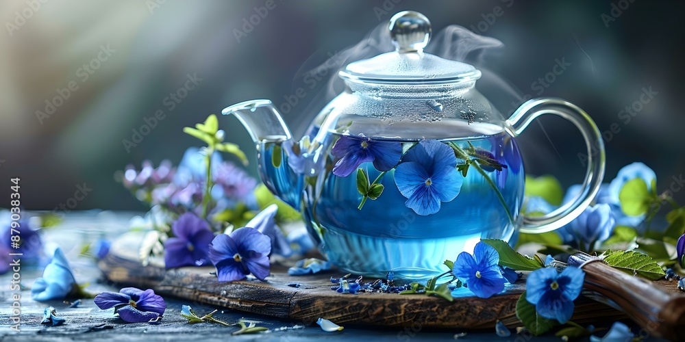 Blue butterfly pea flower tea in a glass teapot displayed on a table ...