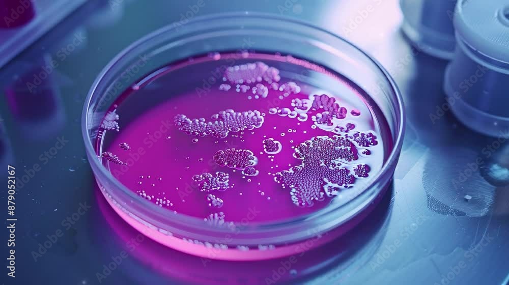 Microbe on the petri dish with blue background. Microscope style. top ...