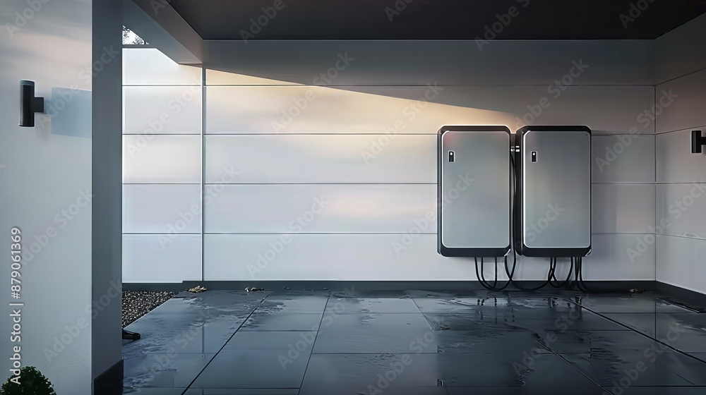 Two large, rectangular battery storage units mounted on a white wall in ...