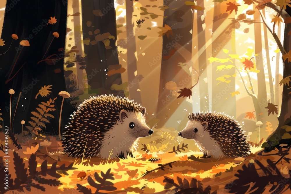 Charming flat design scene of a family of hedgehogs exploring a sunlit ...