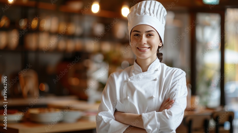 Beautiful posing image of a smiling chef in the kitchen, perfect for ...